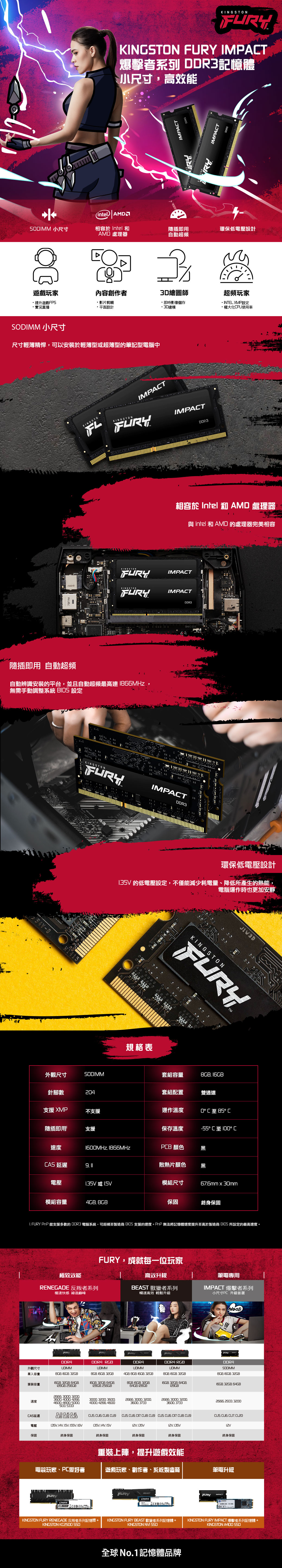 金士頓 Kingston FURY Impact 爆擊者 DDR3L 1866 8GB 筆記型超頻記憶體 (KF318LS11IB/8 ...